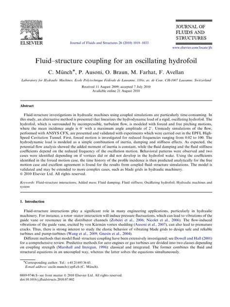 Fluid Structure Coupling For An Oscillating Hydrofoil 2010 Journal Of Fluids And Structures