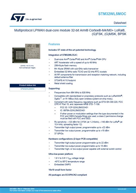 Stm32wl5moc Multiprotocol Lpwan Dual Core Module 32 Bit Mcu