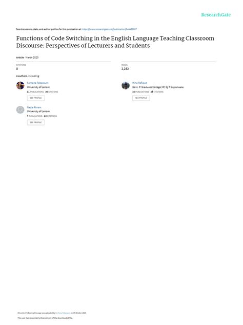 Functions Of Code Switching In The English Language Teaching Classroom Discourse Pdf Second