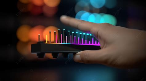 이퀄라이저 아이콘을 쥐고 있는 손의 그림된 3d 렌더링 보이스 웨이브 빈도 전파 배경 일러스트 및 사진 무료 다운로드