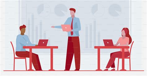 작업 그룹을 지시하는 비즈니스 리더 사무실 플랫 벡터 일러스트레이션에서 노트북을 사용하는 팀 기업 토론 배너 웹 사이트