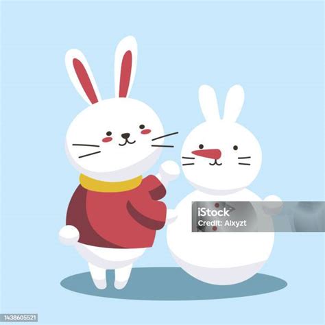 귀여운 만화 토끼가 눈사람을 만듭니다 눈이 있는 파란색 배경에 겨울 카드 벡터 일러스트레이션 새해와 메리 크리스마스 Eps 크리스마스에 대한 스톡 벡터 아트 및 기타 이미지