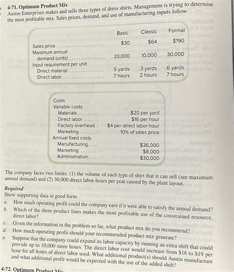 Solved 0 4 71 Optimum Product Mix Austin Enterprises Makes