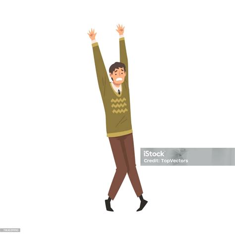 무서워하고 겁에 질린 남자 와 그의 손 제기 감정무서운 사람 문자 두려워 의 뭔가 벡터 일러스트 개념에 대한 스톡 벡터 아트 및