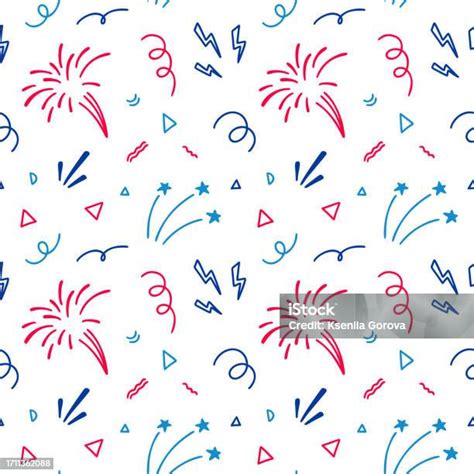 7 월 4 일 미국 독립 기념일 낙서 원활한 패턴입니다 미국 국기 파란색 빨간색 및 흰색 색상 7 월 14 일 프랑스 불꽃 놀이 디자인의 해피 국경일 14에 대한 스톡 벡터