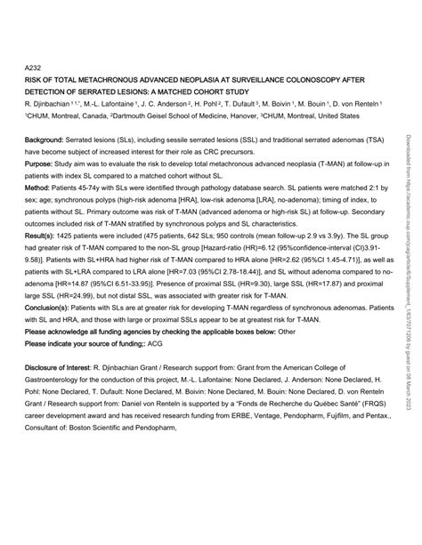 pdf a232 risk of total metachronous advanced neoplasia at