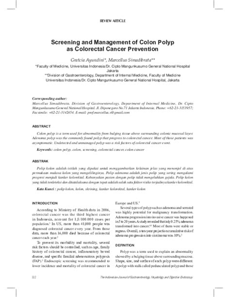 Pdf Screening And Management Of Colon Polyp As Colorectal Cancer Prevention