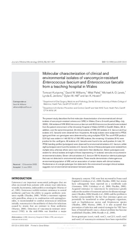 Pdf Molecular Characterization Of Clinical And Environmental Isolates Of Vancomycin Resistant