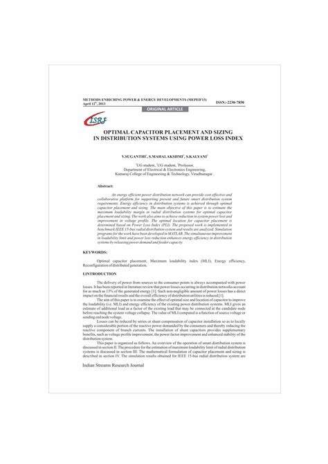 Pdf Optimal Capacitor Placement And Sizing In Distribution Systems