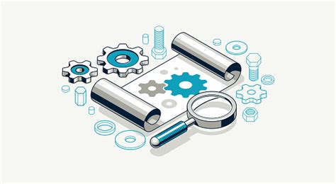 기계 공학 프로젝트 개념 엔진 초안 계획 도면 기술 계획 청사진 기어 및 돋보기 3d 아이소 메트릭 벡터 일러스트 레이 션 수리