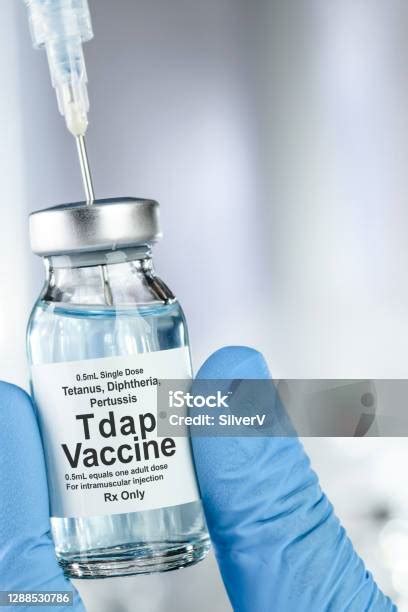 Tdap 파상풍 디프테리아 및 백일해 또는 백일해 백신 바이알 및 주사기 바늘을 들고 있는 파란색 의료 장갑을 손에 들고 있는