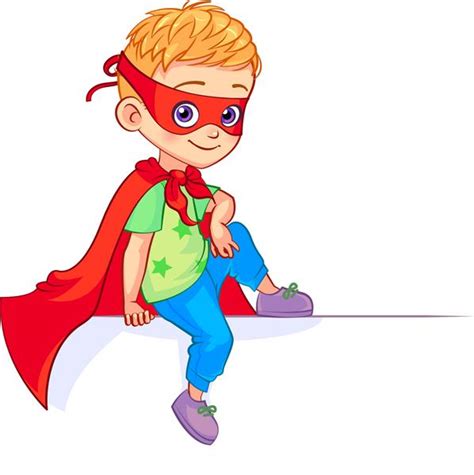 سوپر من کوچولوی زیبا که روی یک بنر بزرگ سفید نشسته است کودک کارتونی در