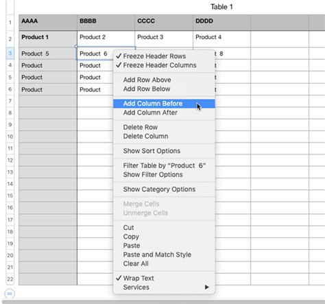 how to add delete move hide columns and rows in numbers