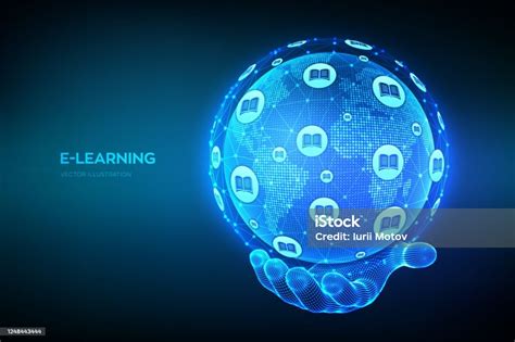 E러닝 혁신적인 온라인 교육 기술 개념 세계지도 포인트 및 선 구성 손에 지구 행성 지구 웨비나 온라인 교육 과정 기술 개발 벡터 그림입니다 개발에 대한 스톡 벡터 아트 및