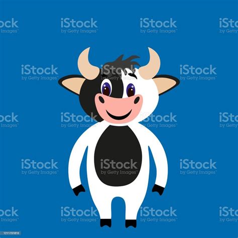 흰색 배경에 고립 된 평평한 스타일의 귀여운 흑백 암소 장식 및 디자인 어린이 책과 색칠 공부 책 라벨 직물 포장 엽서에 대한 스톡 벡터 일러스트레이션 개념에 대한 스톡