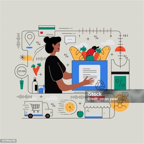 식료품 개념입니다 디자인은 편집 가능하며 색상을 변경할 수 있습니다 창의력 아이콘의 벡터 세트 빵집 물고기 고기 닭고기 커피 쇼핑 바구니 계란 슈퍼마켓에 대한 스톡 벡터