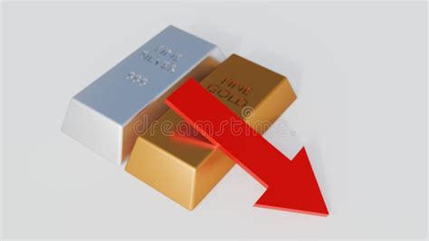 A Red Arrow Pointing Downwards Next To Bars Of Gold And Silver Stock