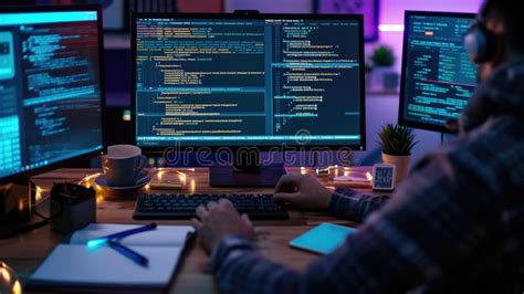 software developer working on code in dual monitor setup aig41 stock