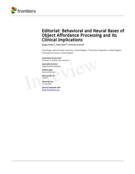 Pdf Editorial Behavioral And Neural Bases Of Object Affordance Processing And Its Clinical