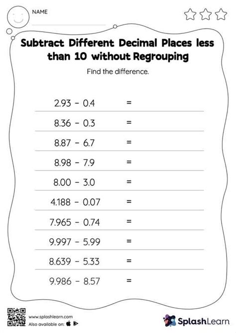 Subtract Different Decimal Places Less Than 10 Without Regrouping Horizontal Subtraction Math