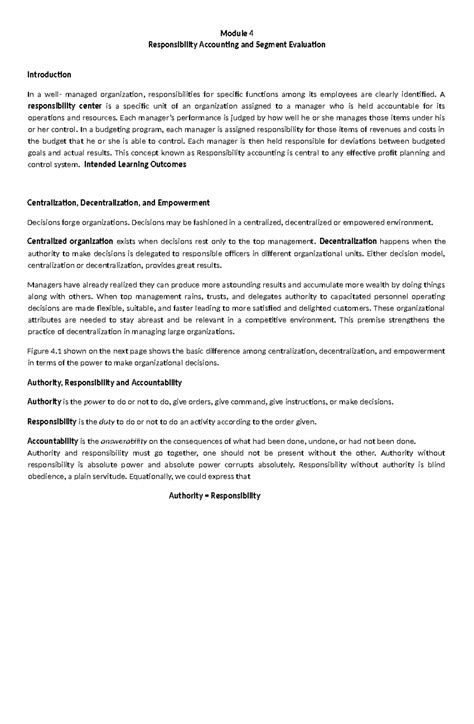 Responsibility Accounting And Segment Evaluation Module 4 Responsibility Accounting And