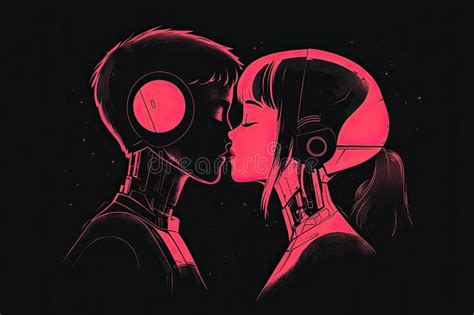 An Human Kissing Robot Girl Kissing Pink Colour Black Background Vectorial Simple Love