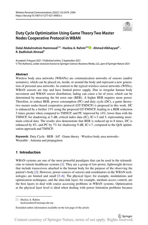 duty cycle optimization using game theory two master nodes cooperative