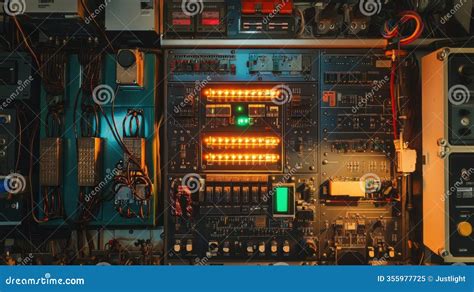 Complex Industrial Control Panel With Illuminated Indicators And Wiring Displaying Manufacturing