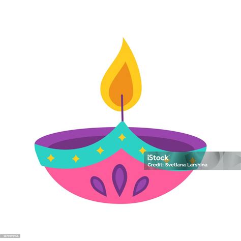 디왈리 디야 램프 빛의 인도 축제 아이콘입니다 흰색 바탕에 화려한 Deepavali 기호입니다 평면 만화 스타일의 벡터 그림 공휴일에 대한 스톡 벡터 아트 및 기타 이미지