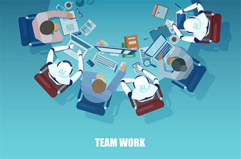 로봇으로 사업 계획 아이디어를 브레인 스토밍 하는 사업가의 벡터 팀워크에 대한 스톡 벡터 아트 및 기타 이미지 팀워크 인공지능 로봇 Istock