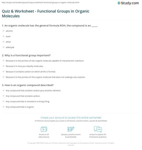 Quiz And Worksheet Functional Groups In Organic Molecules