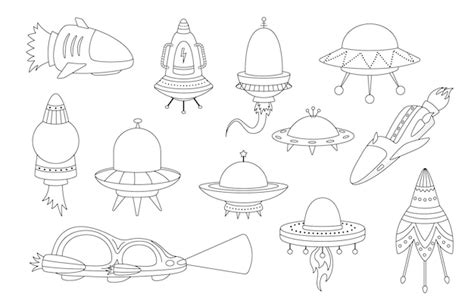 외계인 우주선의 Ufo 비행 접시 세트 컬러링 페이지 흑백 비행 접시 터 프리미엄 벡터