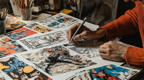 Comic Book Artist Inking Dramatic Scenes On A Drafting Table Stock