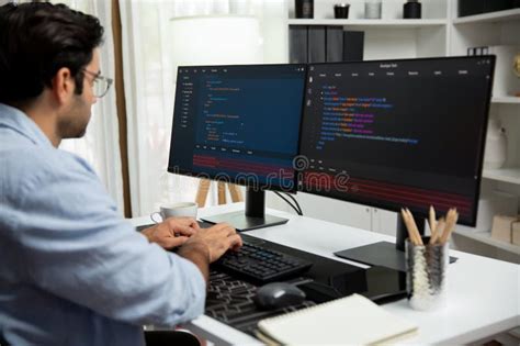 Developer Working Software Development Coding Two Computer Code Screen