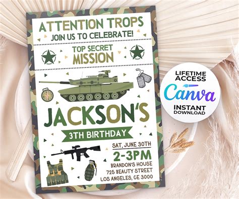 Editable Army Birthday Invitation Army Invitation 5x7 Birthday Invitation Canva Etsy