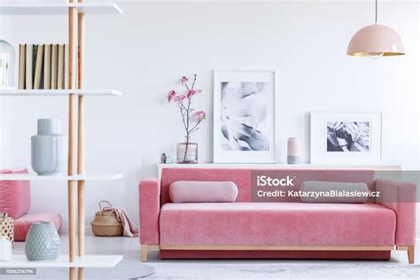 포스터 촛불 앞에도 서와 함께 교수형 램프와 선반 밝은 거실 인테리어에 꽃 선반 앞 베개 핑크 소파의 실제 사진 0명에 대한