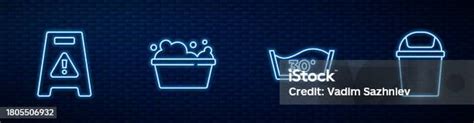 라인 온도 세척 젖은 바닥 비누 거품이 있는 대야 및 쓰레기통을 설정합니다 벽돌 벽에 빛나는 네온 아이콘입니다 벡터 30에 대한