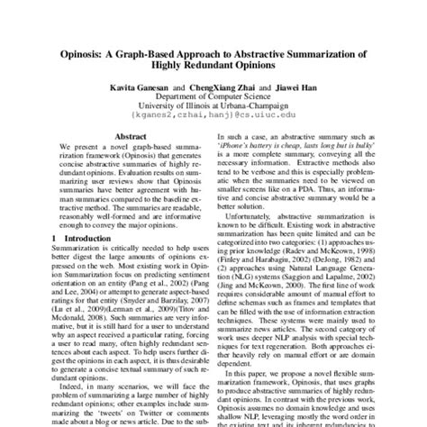 Opinosis A Graph Based Approach To Abstractive Summarization Of Highly Redundant Opinions Acl