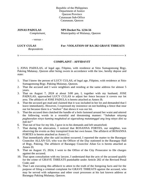 Complaint For Grave Threats In Quezon Pdf Affidavit Criminal Law