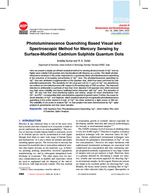 Pdf Photoluminescence Quenching Based Visual And Spectroscopic Method For Mercury Sensing By