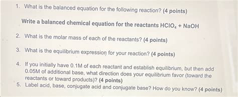 Solved What Is The Balanced Equation For The Following