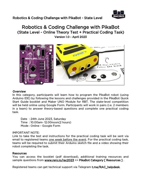 game rules robotics and coding challenge with pikabot rac2023 state