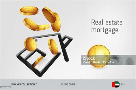 아랍 에미리트 디 르 햄 동전 금융 개념 비행 집 아이콘 인쇄 웹 사이트 웹 디자인 모바일 애플 리 케이 션 인포 그래픽에 대 한 벡터 일러스트 0명에 대한 스톡 벡터 아트