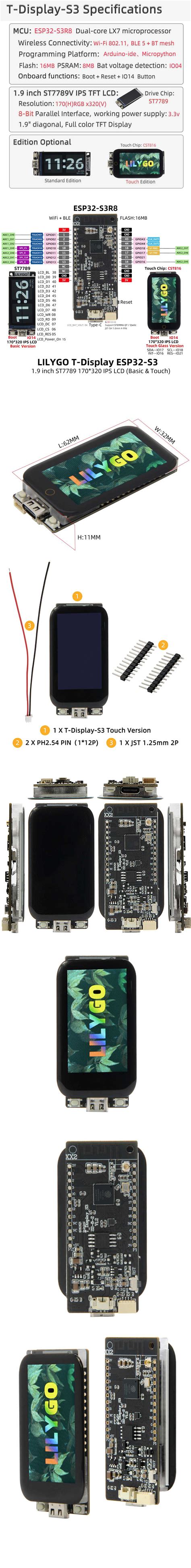 LILYGO T Display S3 Touch Glass Edition 1 9inch LCD Display Module Ful