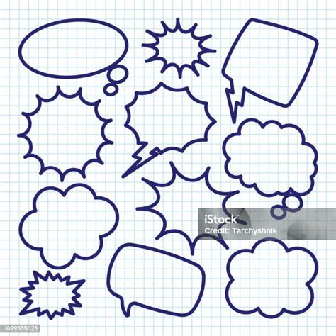 바둑판 무늬 종이에 손으로 그린 만화 말풍선 그림을 그리기 위한 학교 공책 간단한 복고풍 만화 스티커 채팅 메시지 상자 벡터