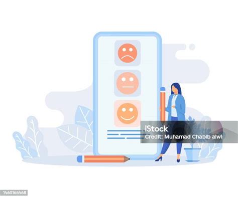 피드백 그림 세트입니다 설문 조사 양식을 작성하고 긍정적 인 피드백을 제공하고 스마트 폰과 컴퓨터에 체크리스트를 제출하는 캐릭터