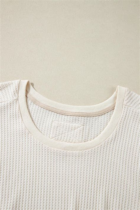 Long Sleeve Tops Women White Waffle Knit Exposed Seam Round Neck
