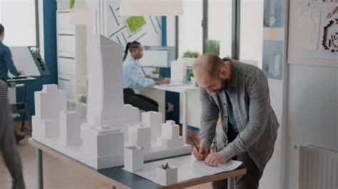 Man Architect Taking Notes On Blueprints Plan To Design Building Structure And Model — Stock