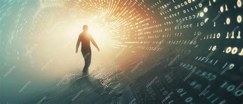 Premium Photo A Man Walks Into A Tunnel Made Of Digital Binary Code
