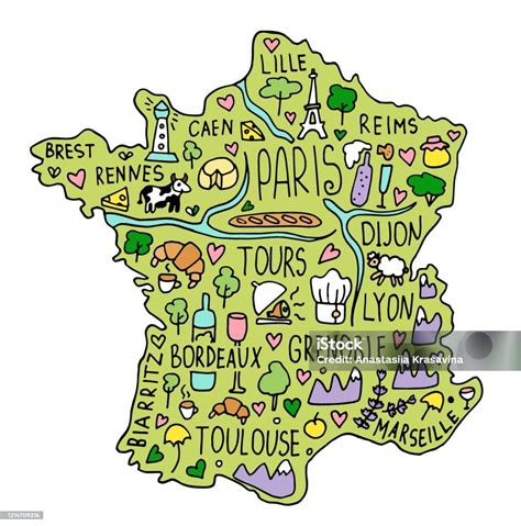 컬러 핸드 그린 낙서 프랑스지도입니다 도시 이름 문자 와 만화 프랑스 문화에 대한 스톡 벡터 아트 및 기타 이미지 프랑스 문화 유명한 장소 프랑스 Istock